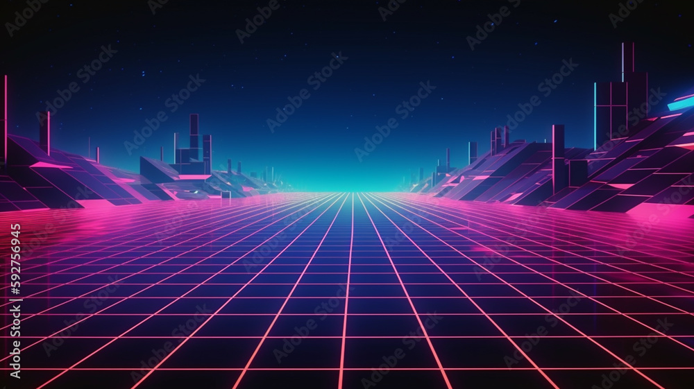 Synthwave retro cyberpunk style landscape background banner or ...