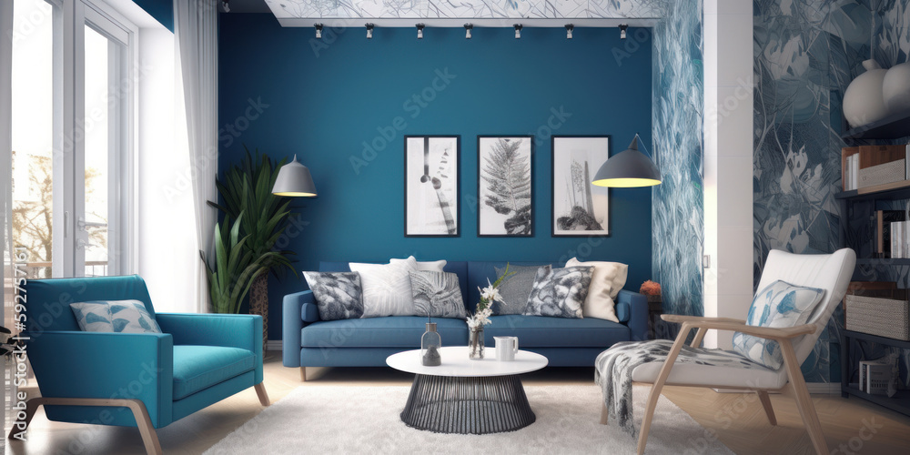 Salón de lujo en colores azul y blanco, interiorismo clásico, preciosa ...