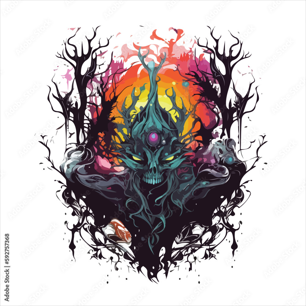 Smiling Skull Face Of A Tree In The Colorful Dark Forest Stock Vector ...