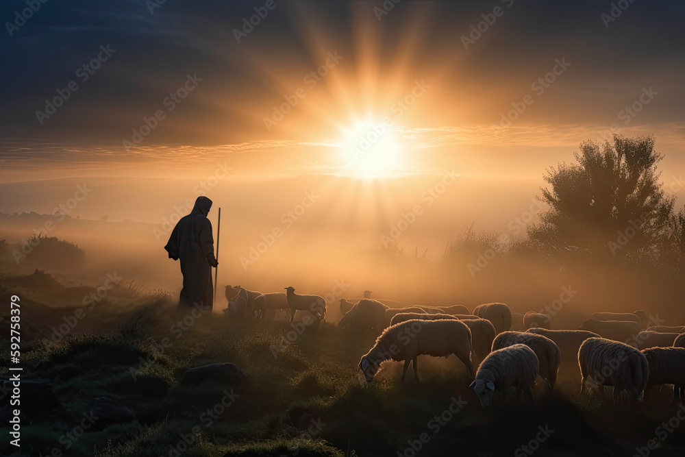 Bible Jesus Shepherd with His Flock of Sheep during Sunset. AI ...