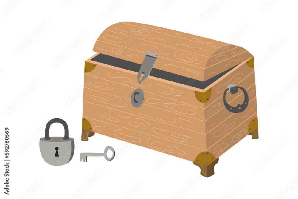 Old wooden empty open pirate chest , lock, key. Treasure chest. A ...