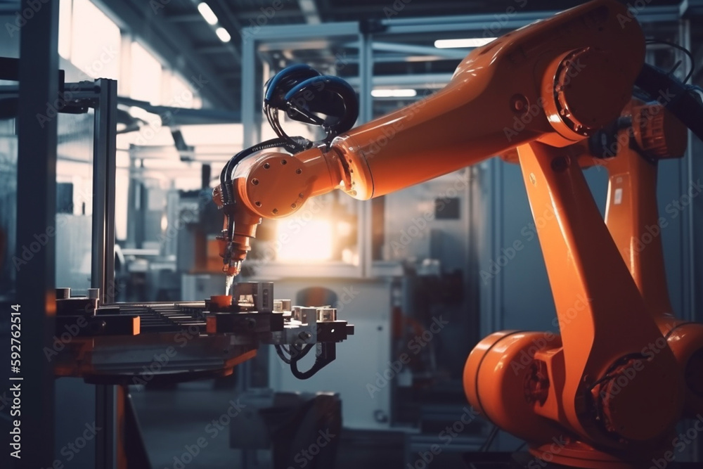 Robot arm working in assembly line industry. manufacturing factory ...
