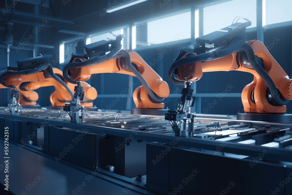 Robot arm working in assembly line industry. manufacturing factory ...