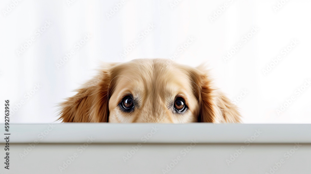Golden Retriever dog peeking out from behind a white table, on white ...