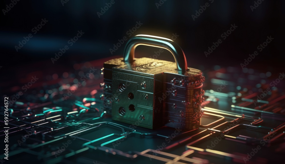Digital padlock safeguards circuitry, epitomizing cyber security ...