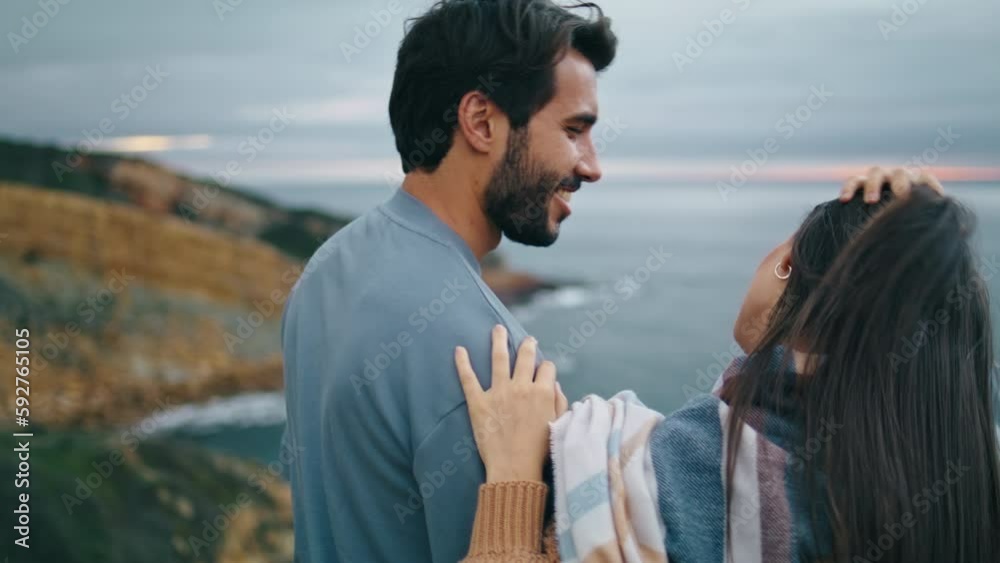 Romantic couple standing sea shore cloudy evening close up. Pair hugging nature vídeo do Stock ...