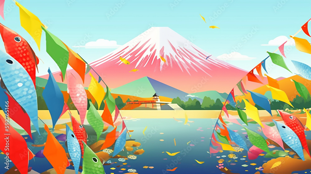 colorful koinobori carp flags and mount Fuji in background during the ...