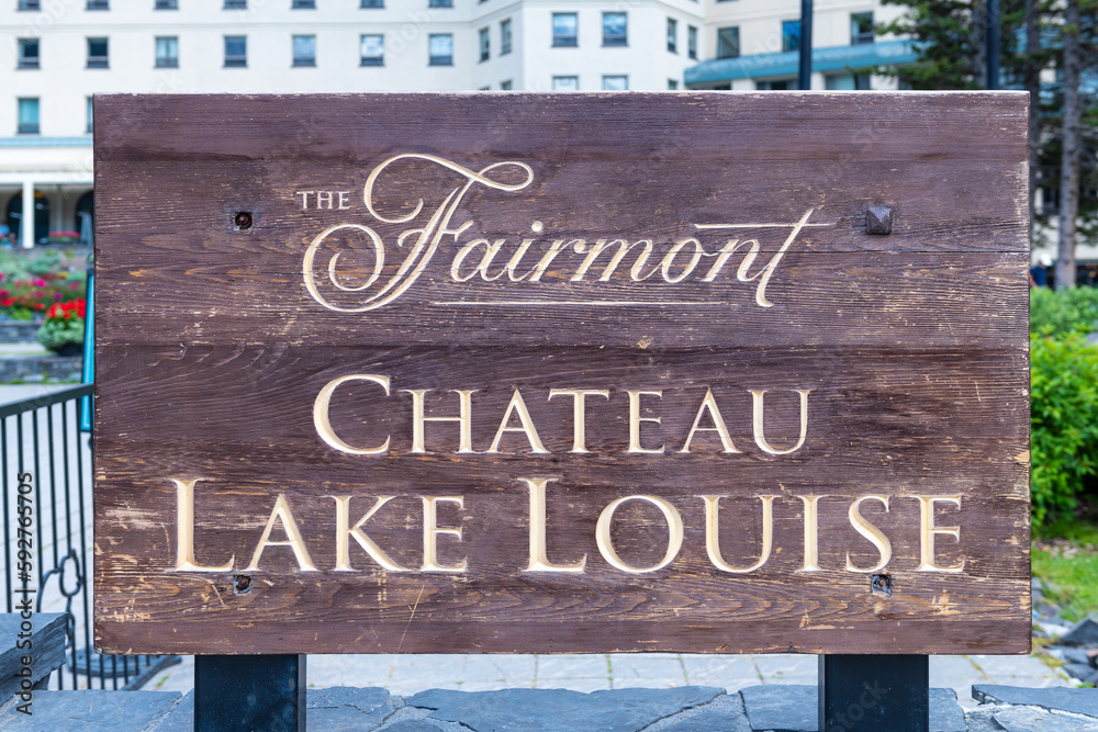 Entrance sign of the Lake Louise hotel by Lake Louise, Banff national ...