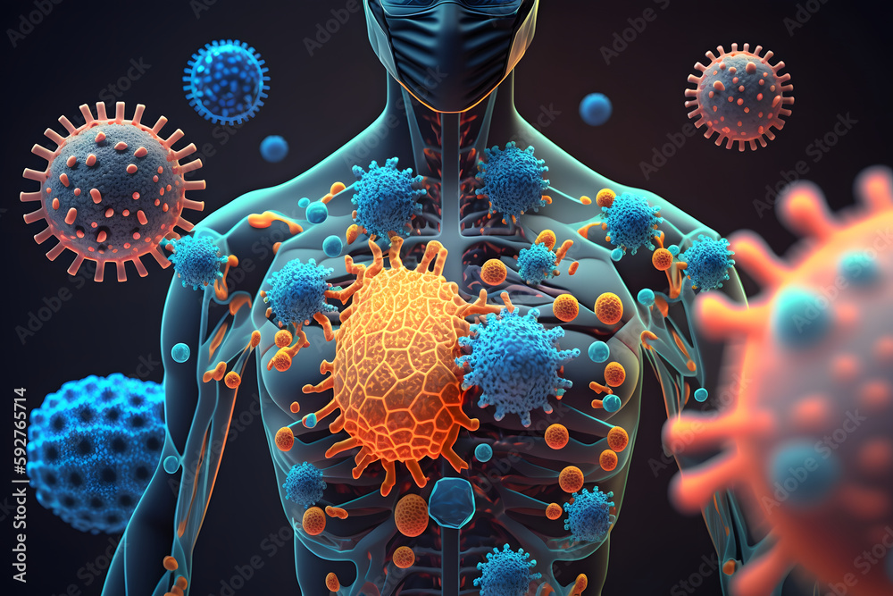 Human immune system silhouette with various virus cells and bacteria ...