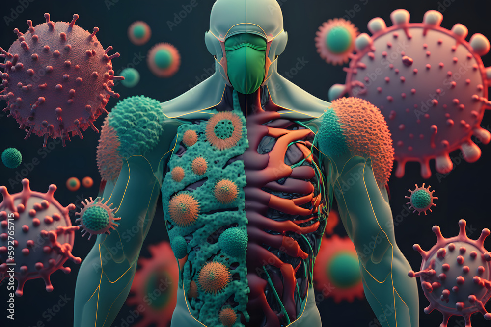Human immune system silhouette with various virus cells and bacteria ...