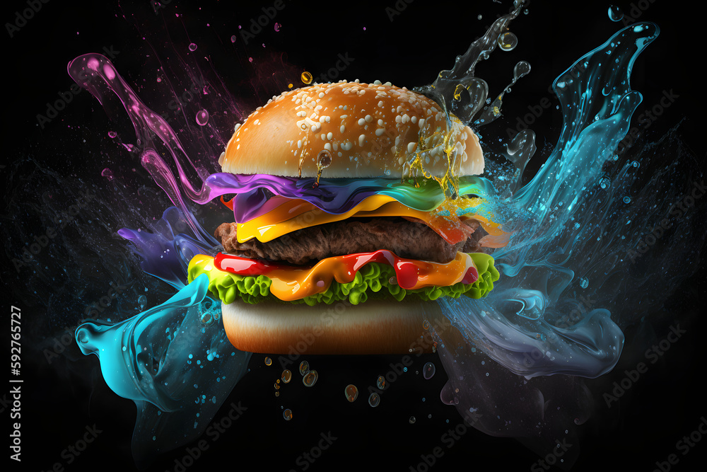 Liquid splash of rainbow color around a big burger. Black background ...