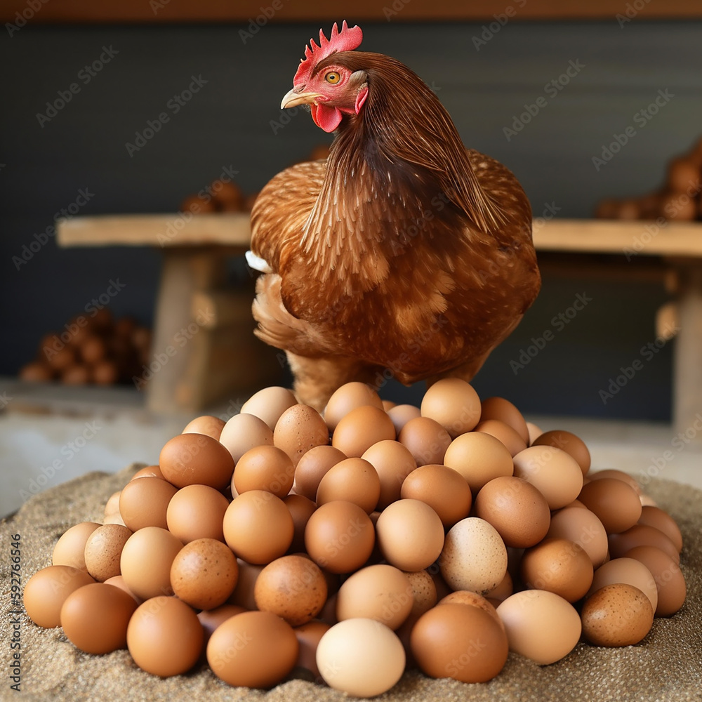 A chicken on a mountain of eggs, a lot of eggs, a good background for ...