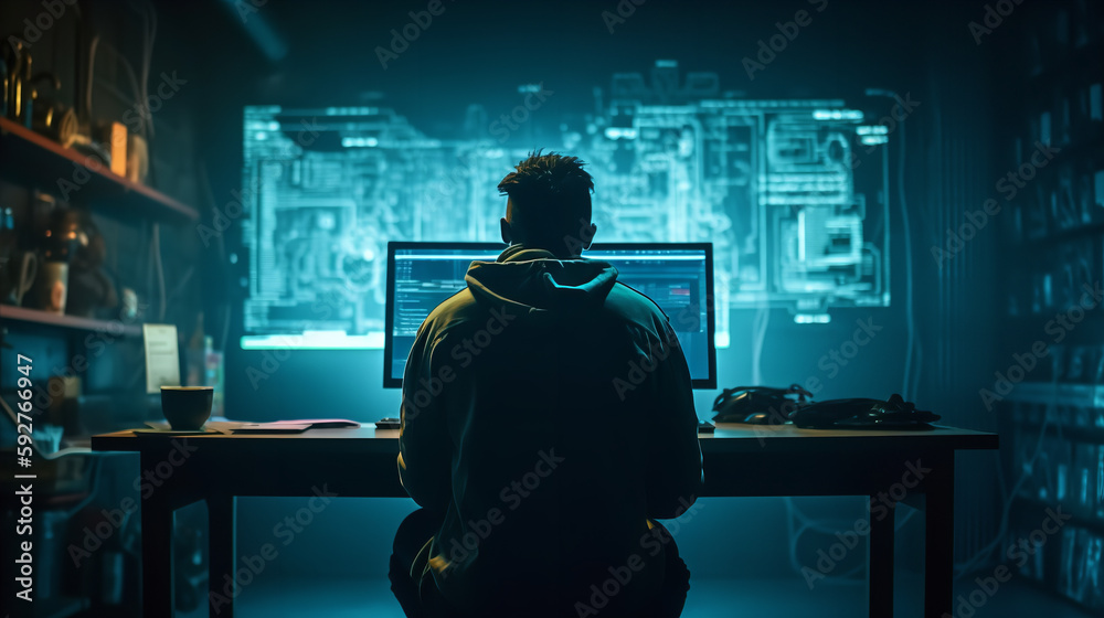 back view of an hacker in a dark room with blue neon Stock Illustration ...