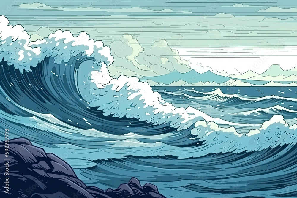 Huge stormy wave in deep blue standing alone on white background ...