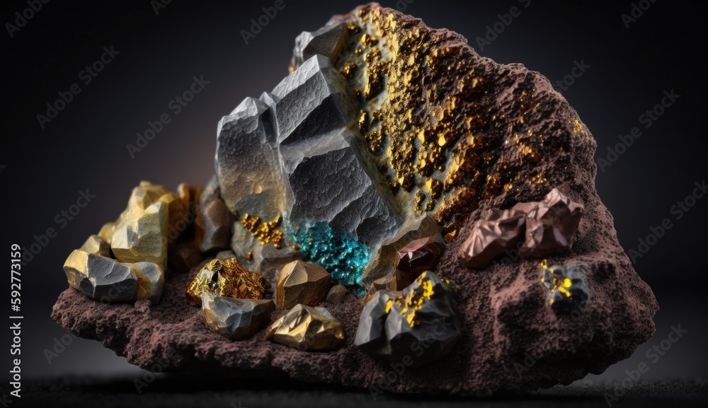 deposits of crystalline platinum and gold ore in a nugget. Precious ...