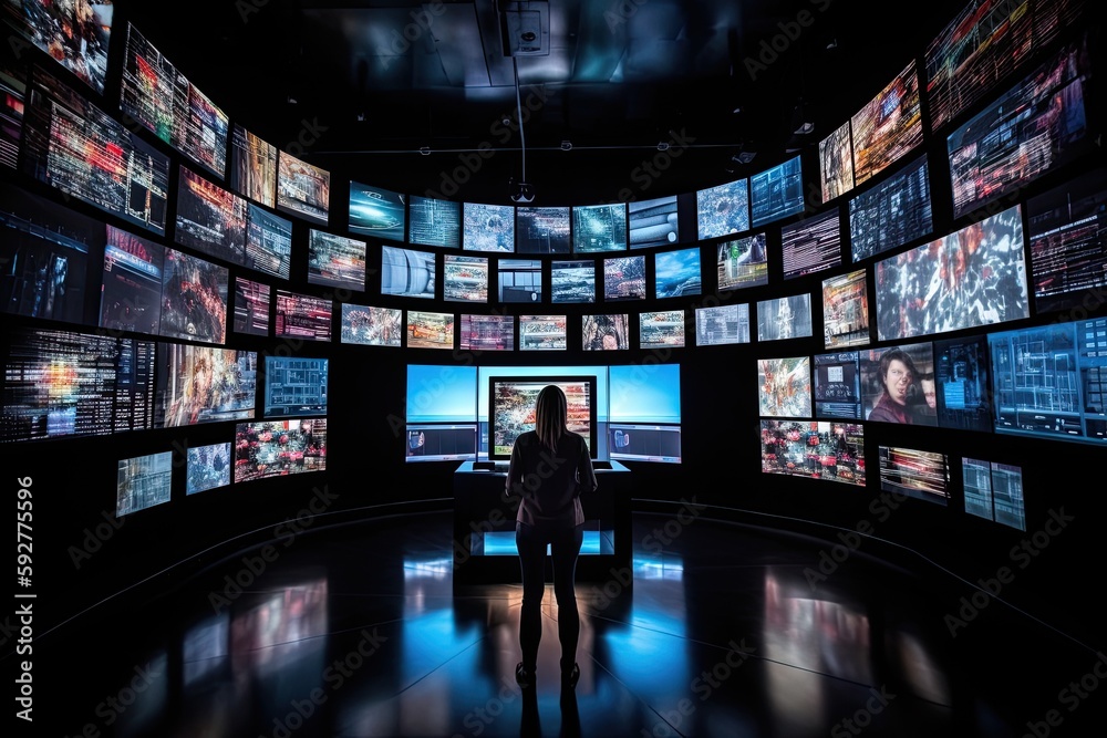 a person standing in front of multiple television screens with images ...