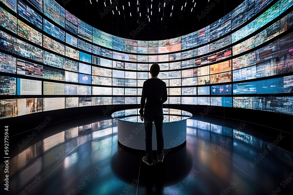 a man standing in front of multiple television screens. Personal Data Breach: Dramatic Image of ...