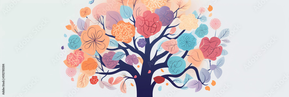 Human brain tree with flowers, self care and mental health concept ...