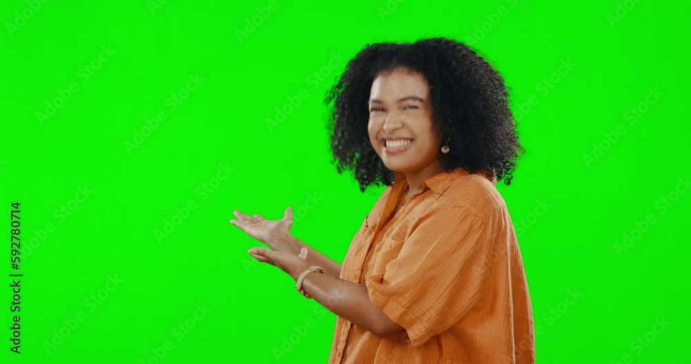 Face, green screen and woman showing, excited and happiness against a ...