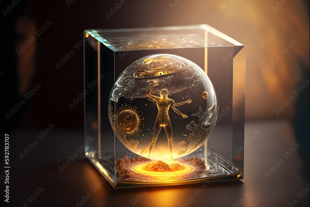 alien human hybrid holding the solar system with earth inside a clear ...