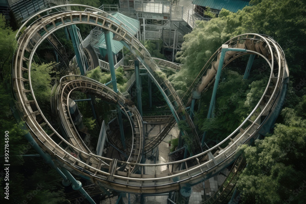 dizzying and dreamlike scene of a roller coaster, with the view from ...