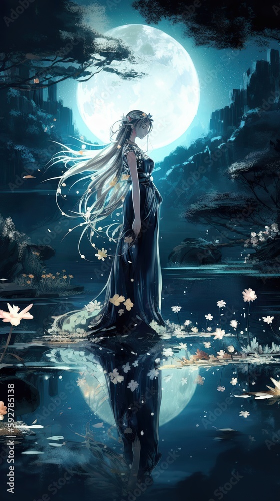 Japanese cartoon anime girl in a kimono dress in a flower field on a ...