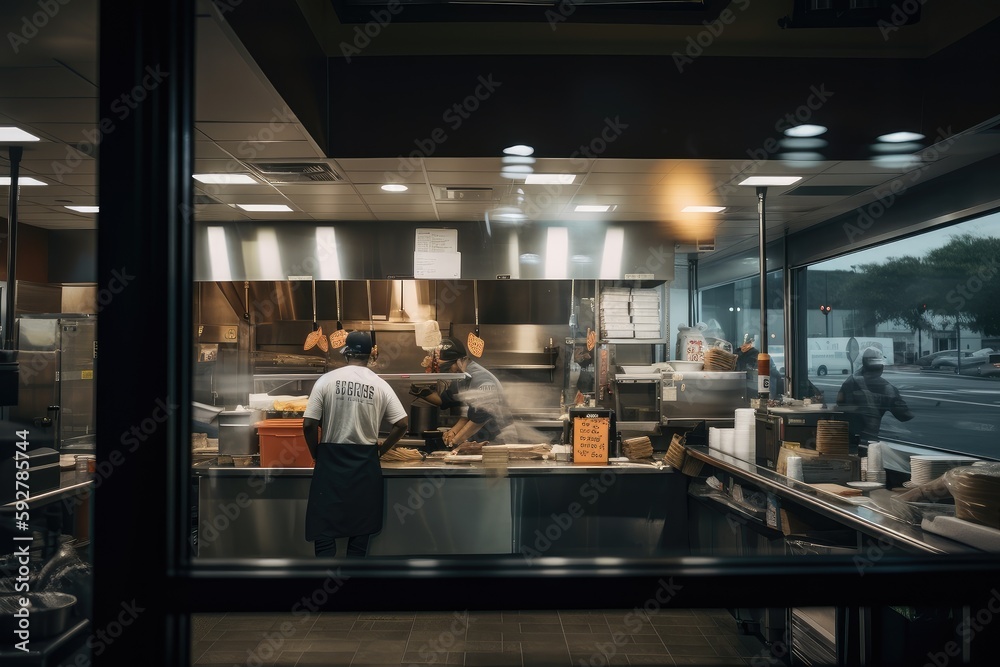 drive-thru window with view of busy kitchen and staff in motion ...