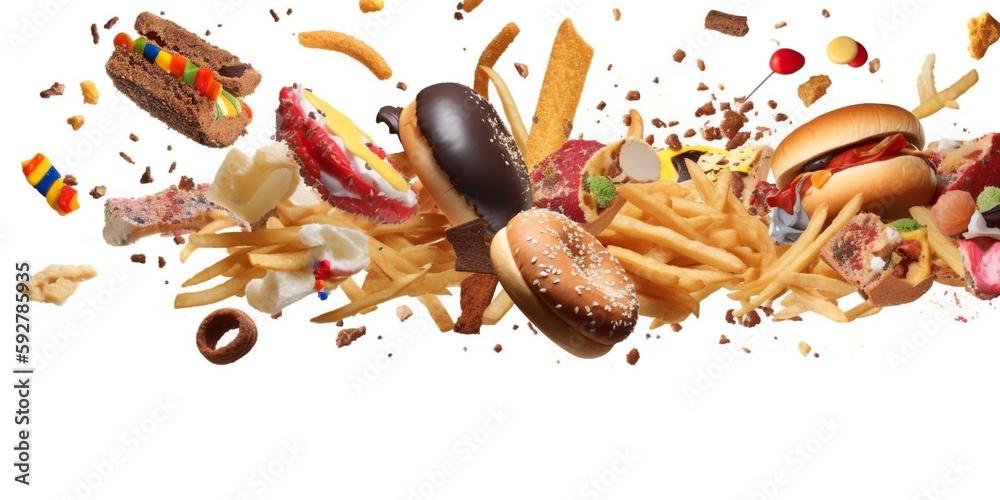 Flying junk food explosion, concept of Food waste and Unhealthy diet ...