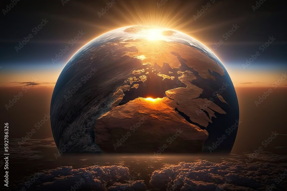a stunning sunrise over a globe, with rays of light illuminating the ...