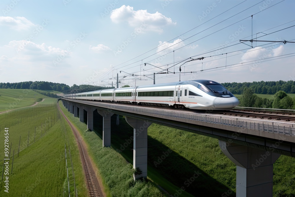 high-speed train roars past bridge, with view of the countryside ...