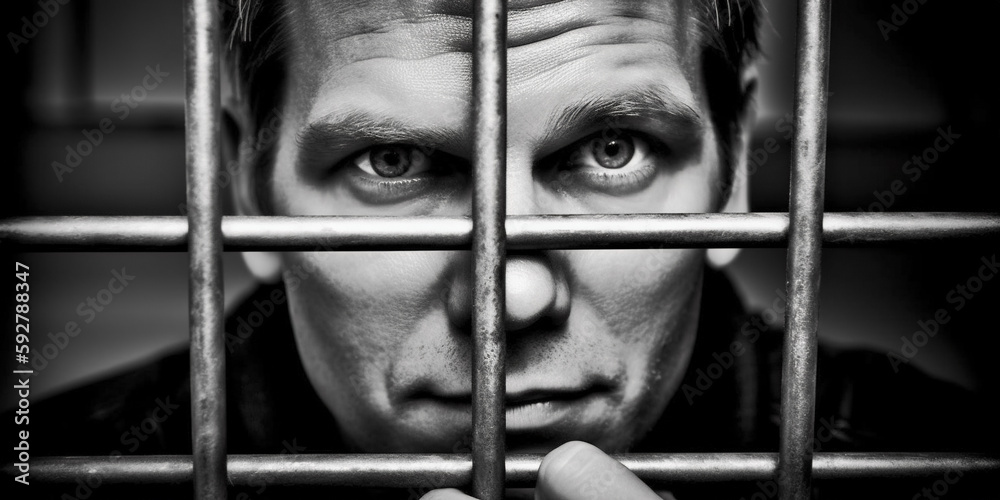 Man in Prison, man behind bars, close up. prisonnier man crime in gaol ...