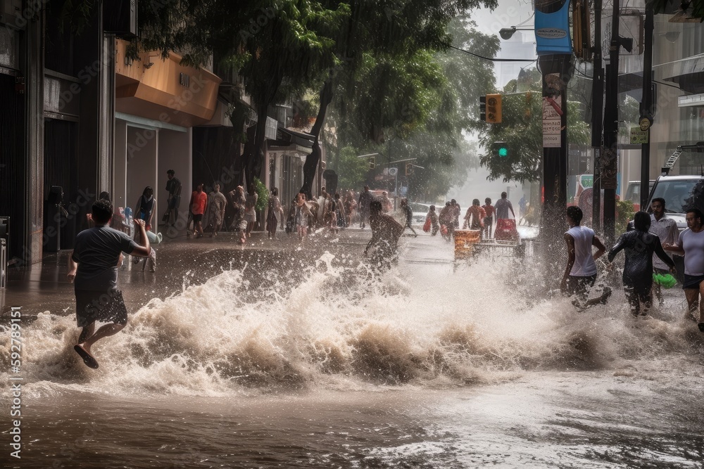 flash flood rushing through city street, with people running for their ...