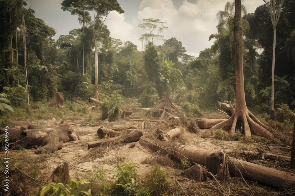 deforestation and habitat destruction in a tropical rainforest, with ...