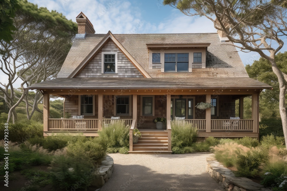 cape cod house exterior with wooden shingled roof and wrap-around porch ...