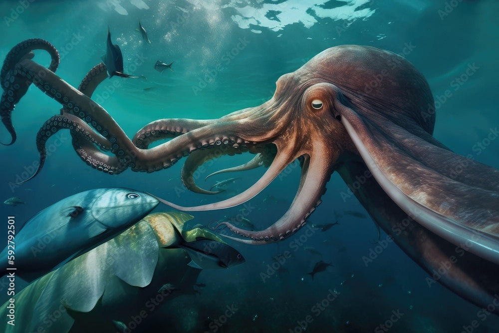 giant squid wrapping tentacles around giant octopus in epic underwater ...