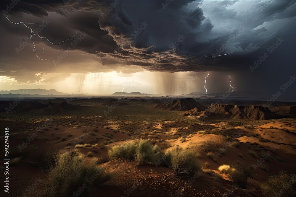 storm brewing over desert, with dramatic lightning strikes and roiling ...
