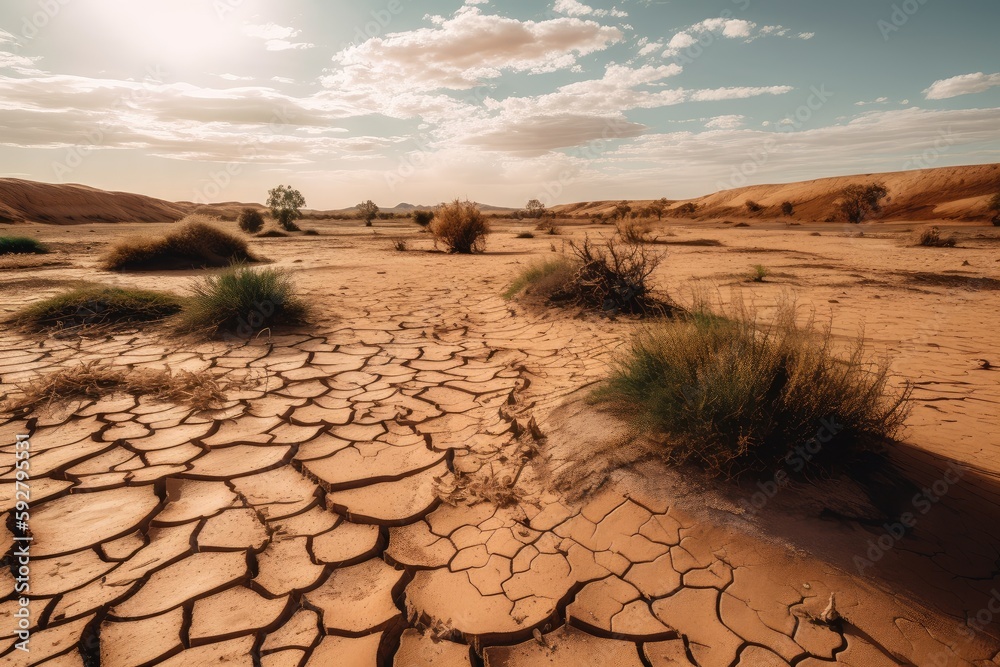 a view of a parched desert, with signs of climate change in the form of ...