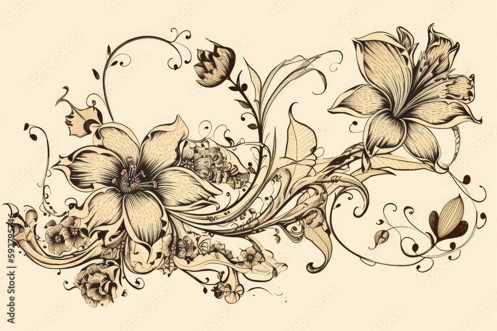 vintage flower illustration, with intricate swirls and flourishes on ...