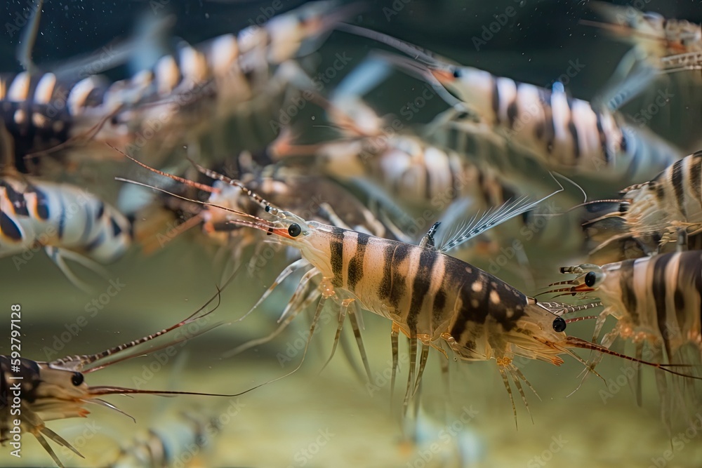 group of tiger shrimp prawns swimming in school, their stripes and ...