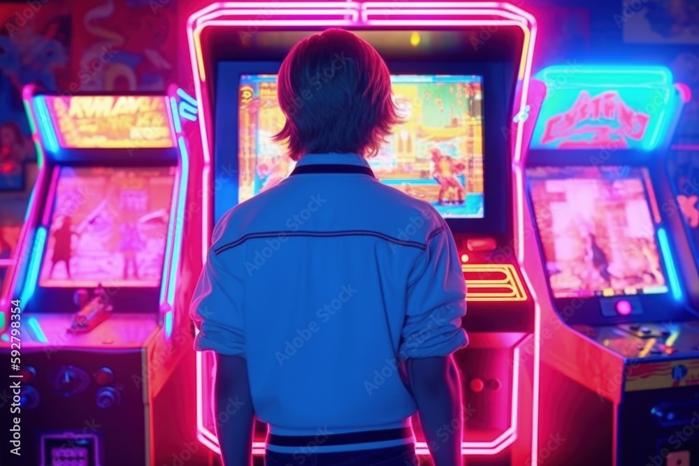 Illustration of a teenager in front of an arcade machine, 80s, retro ...