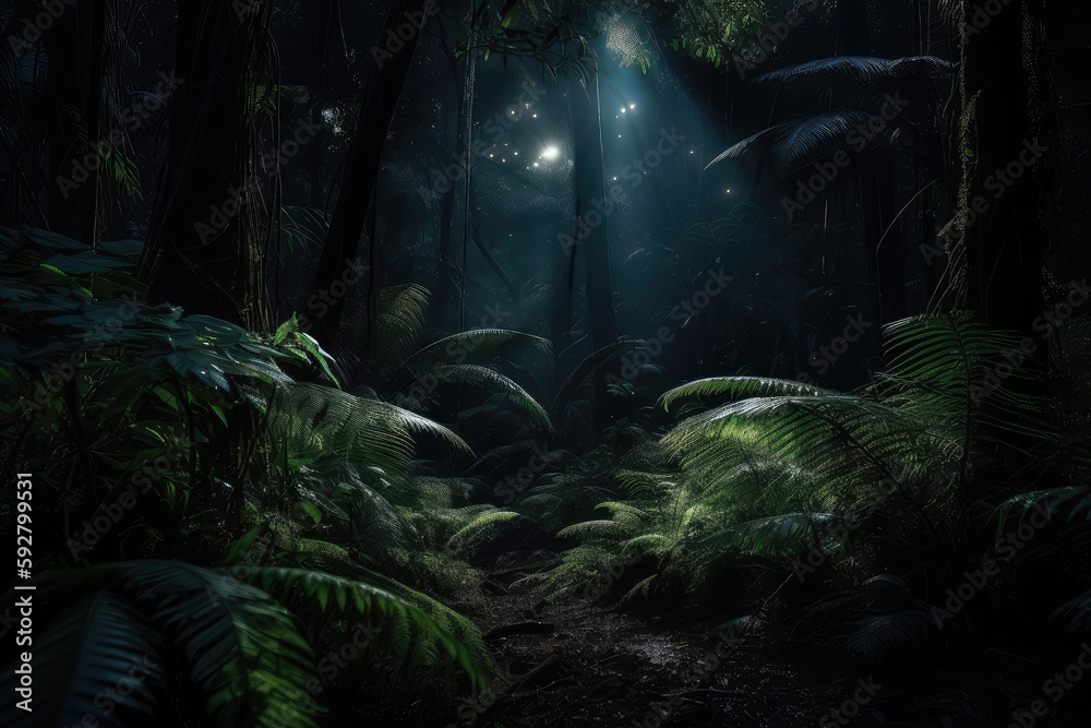 dark rainforest at night, with the glow of the moon illuminating the ...