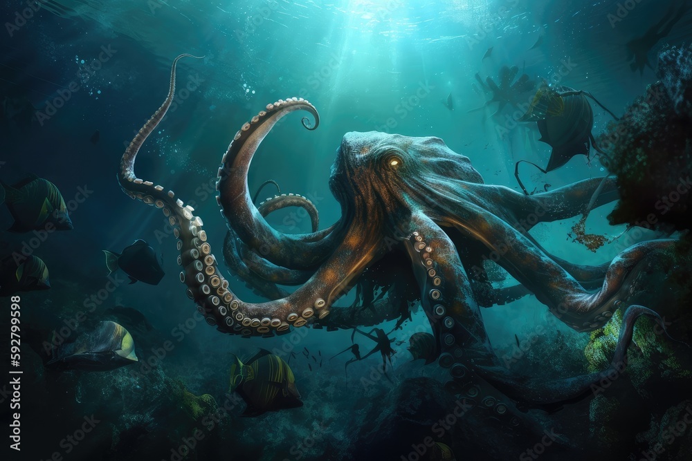 underwater scene, with octopus kraken emerging from the depths and unleashing its tentacles ...