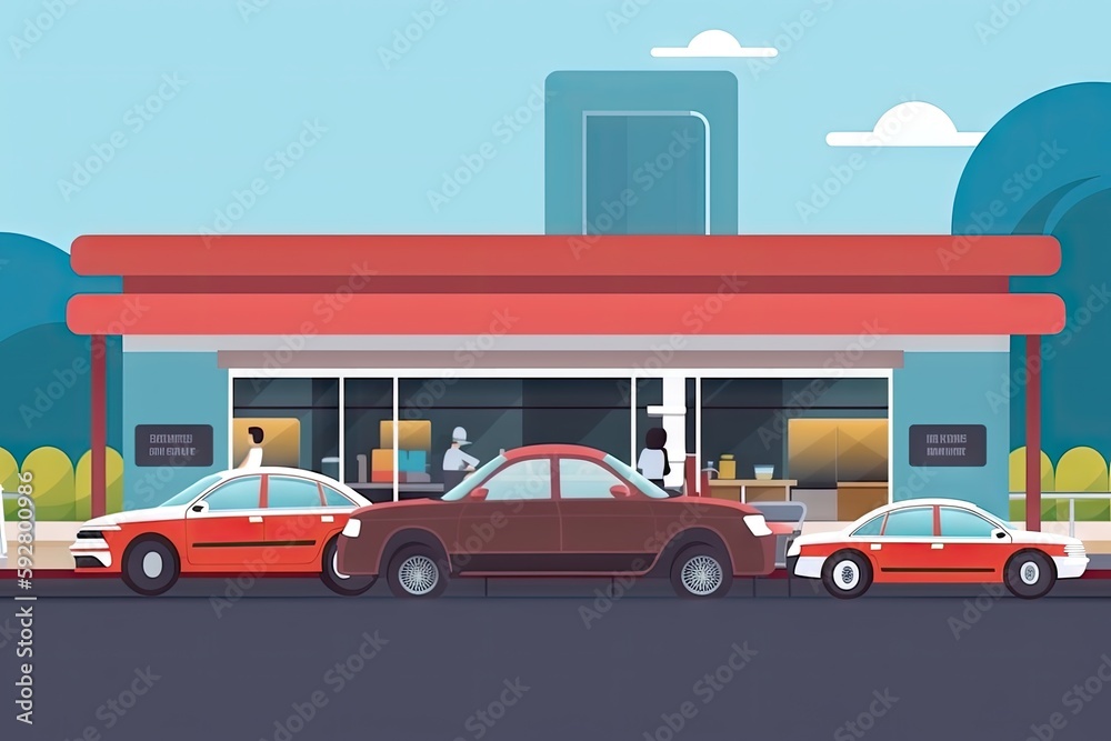 drive-through, with car in the queue, waiting to order, created with ...