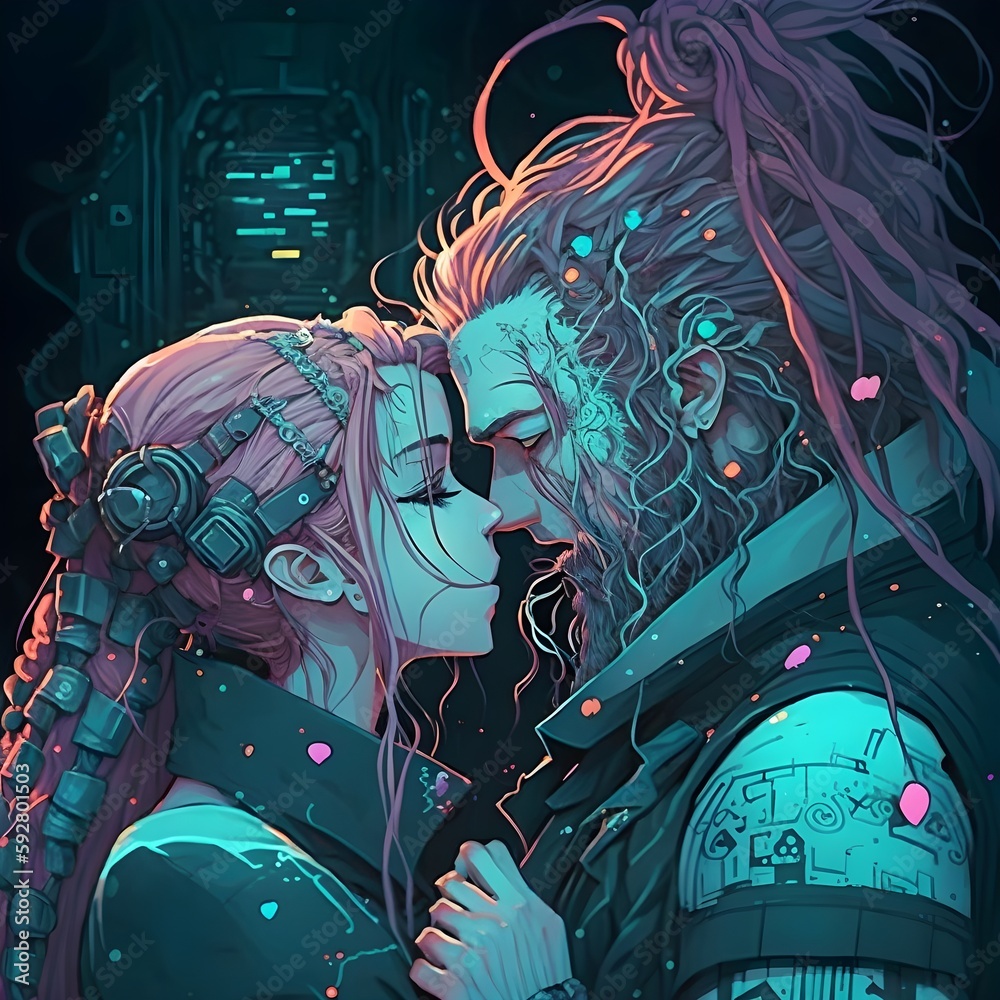 two cyberpunk wizards kissing male and female long hair cyberpunk ...