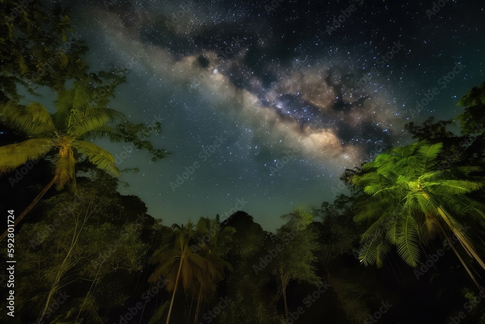 rainforest gives way to canopy of stars, with the milky way and ...