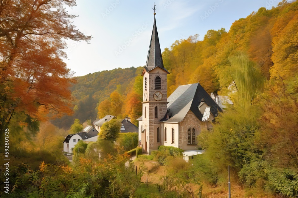 church, with stained-glass windows and tall steeple, in picturesque ...