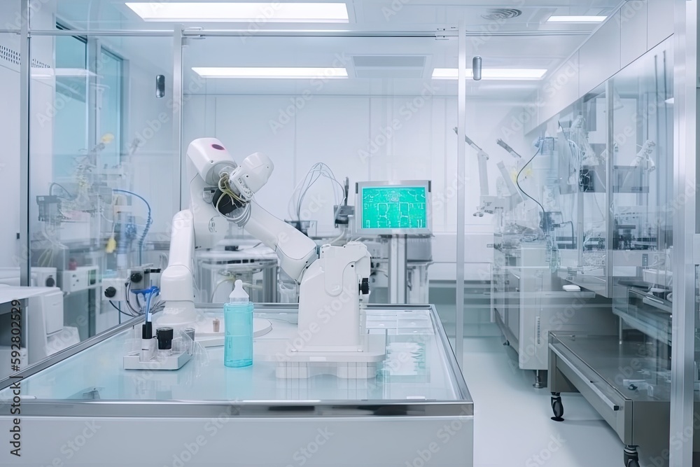 robot, cleaning and sanitizing benchtop in cleanroom, with equipment ...