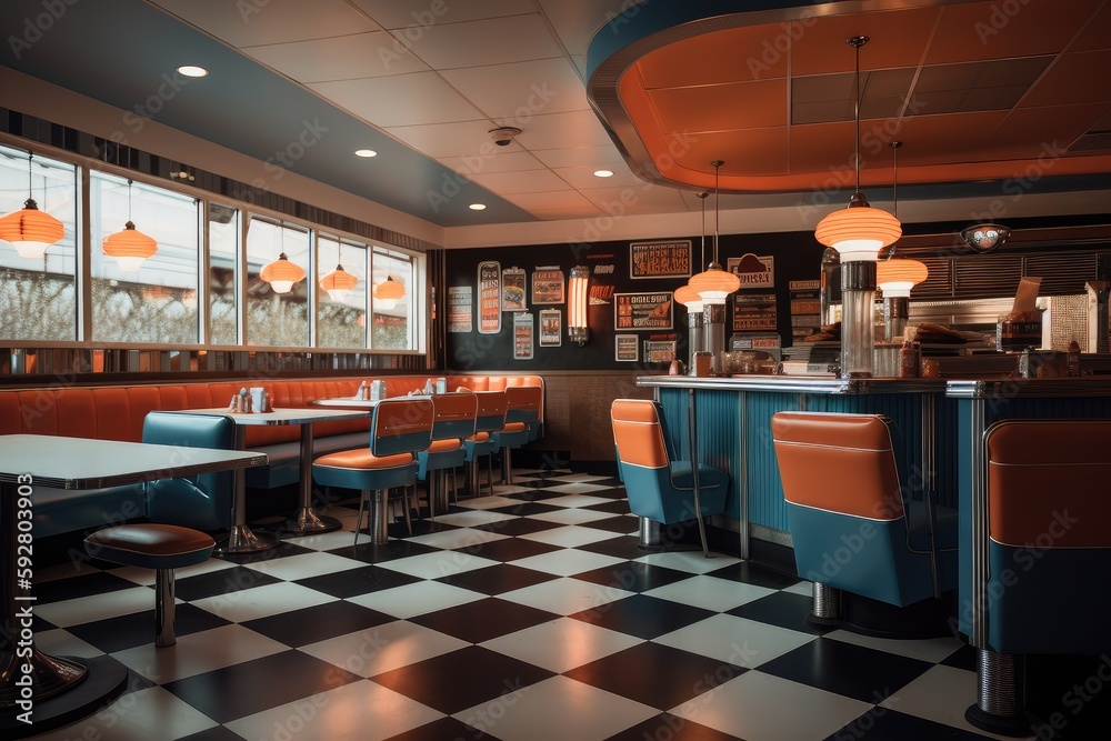 fast-food restaurant with retro interior, vintage signs, and vinyl ...