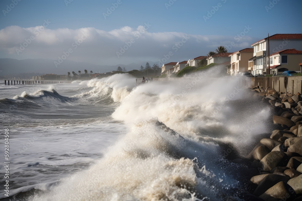 Tsunami Waves Crashing Over Seawalls And Dikes In Coastal Communities