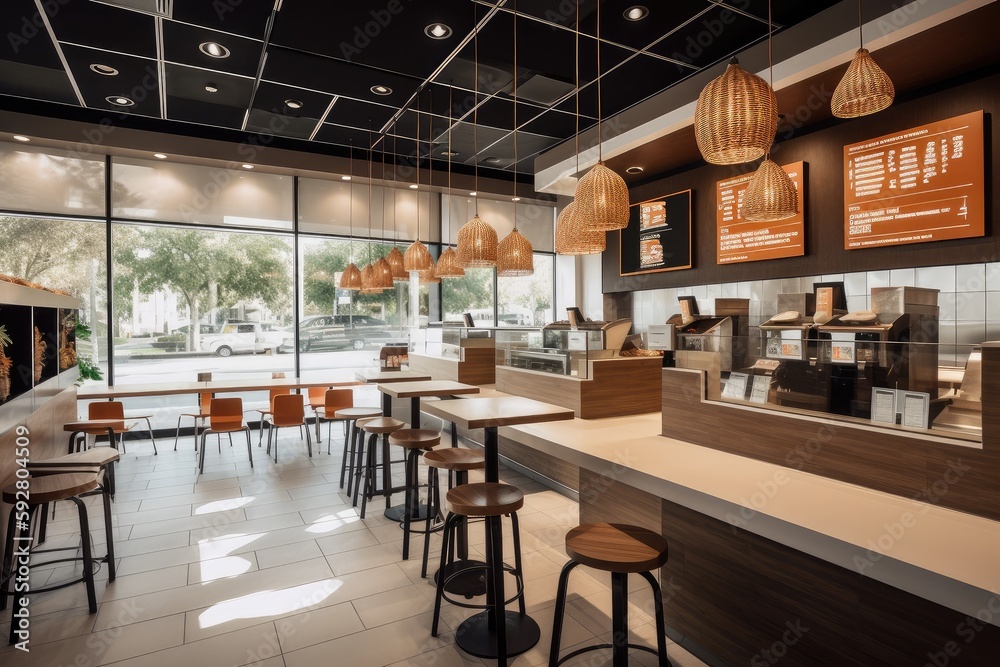 fast-food restaurant with modern interior design, lighting and seating ...